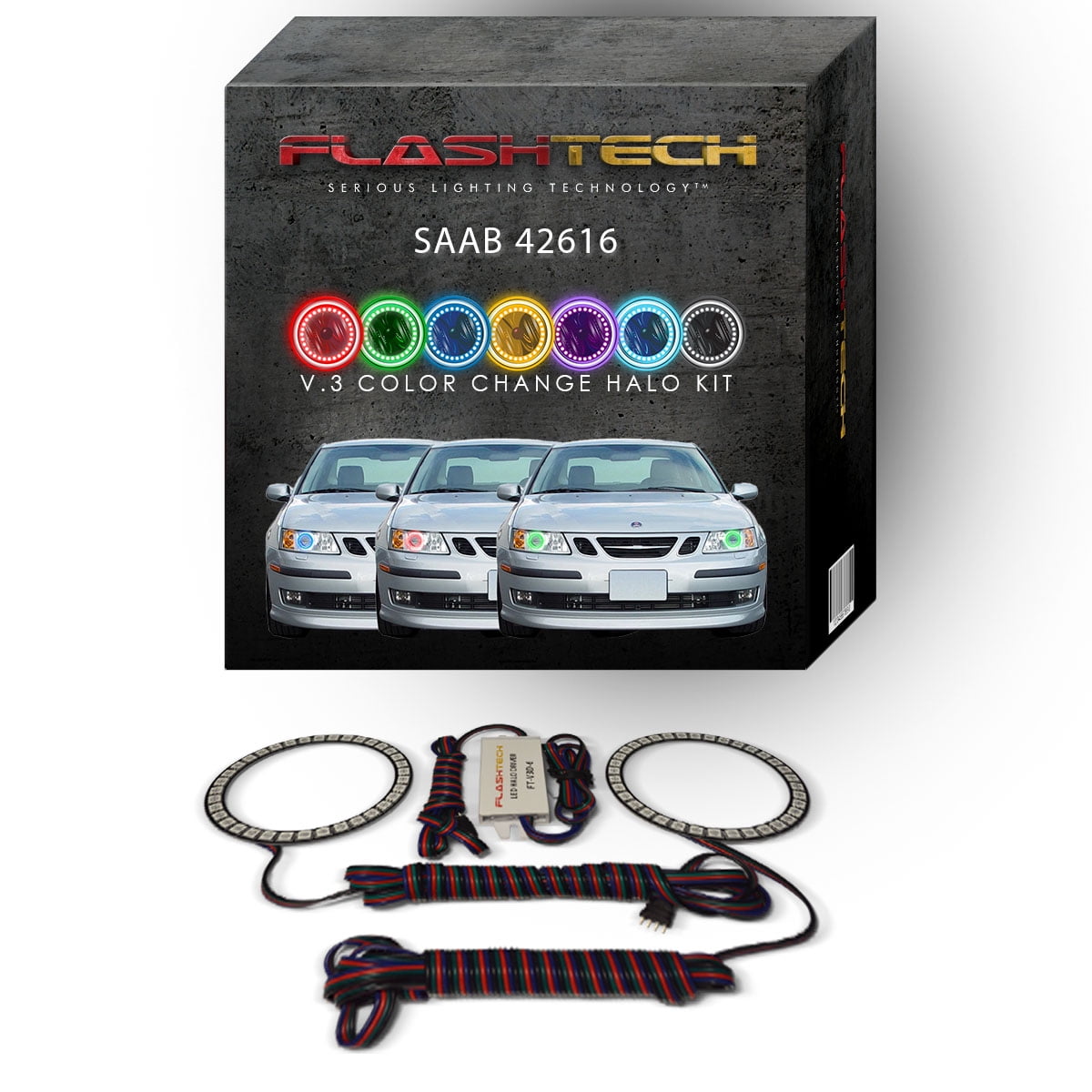 Flashtech RGB Multi Color Changing LED Halo kit for 2003-2007 Saab 9/3 ...