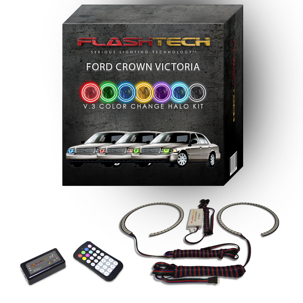 Flashtech RGB Angel Eye LED Halo kit & RF Remote for 98-11 Ford Crown ...