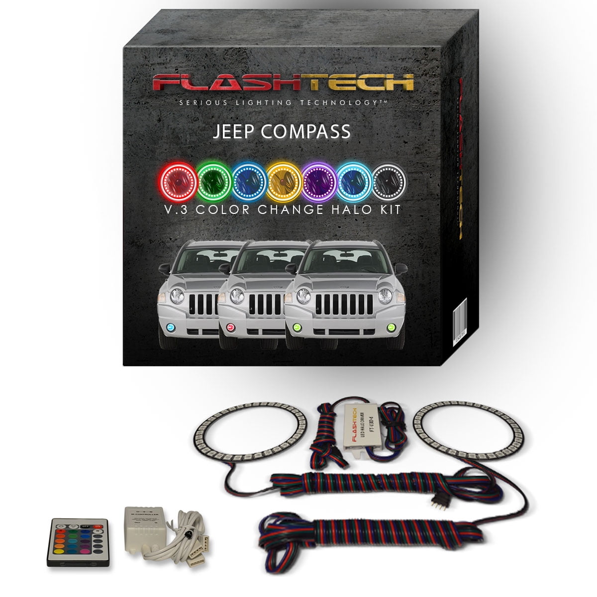 Flashtech RGB Angel Eye LED Halo kit with IR Remote for 2007-2010 Jeep ...