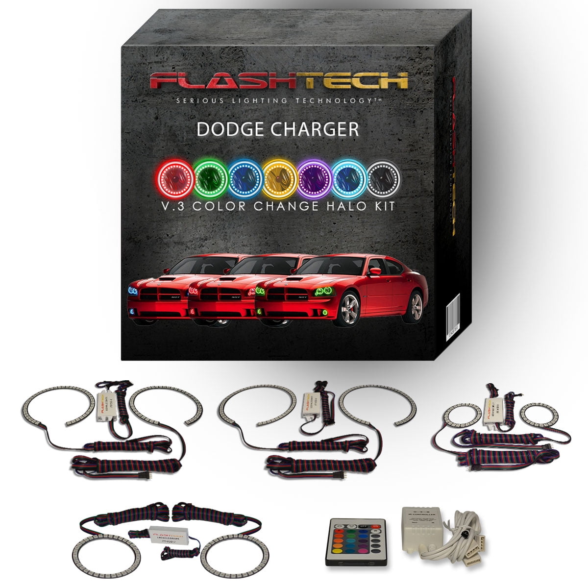 Flashtech RGB LED Halo kit & IR Remote for 2005-2010 Dodge Charger ...