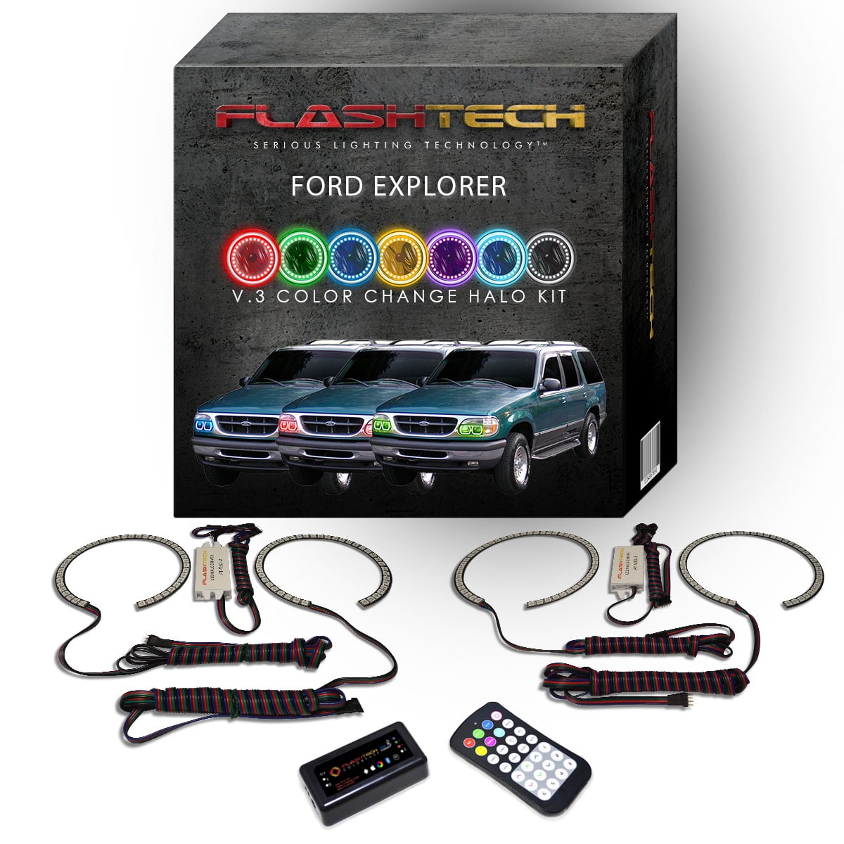 Flashtech RGB Multi Color Bluetooth LED Halo kit for 1995-2001 Ford Explorer Headlights ...