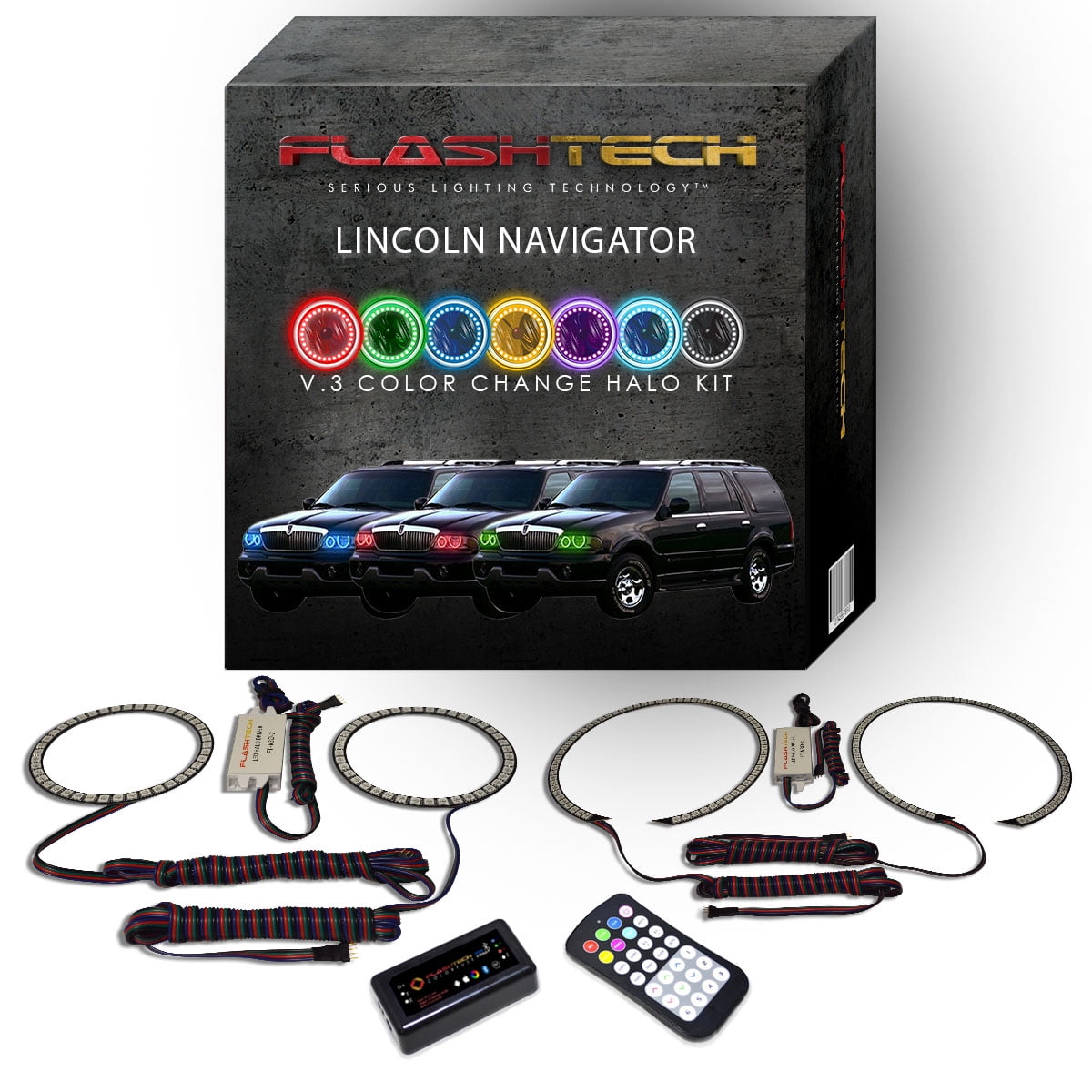 Flashtech RGB Multi Color Bluetooth LED Halo kit for 98-02 Lincoln ...