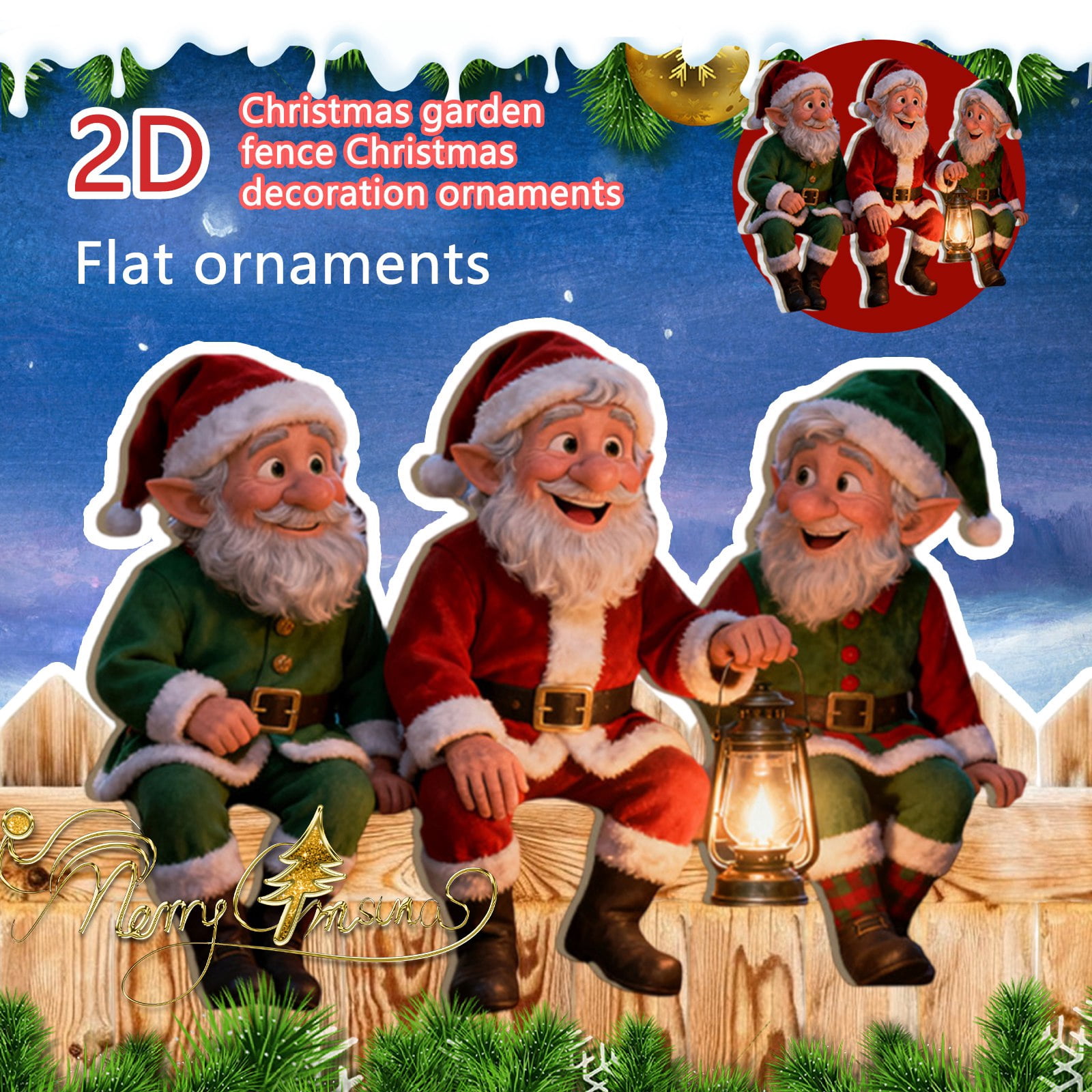 Flat 2D Christmas Dwarf Old Man Garden Fence Ornament, 3-Pack Christmas ...