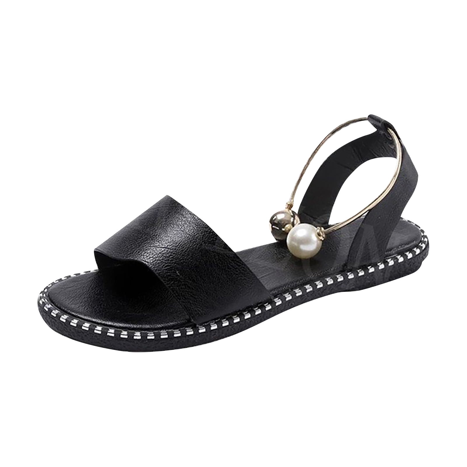 Flat Ankle Strap Slippers Women Open Toe Pearl Comfy Beach Roman Shoes ...