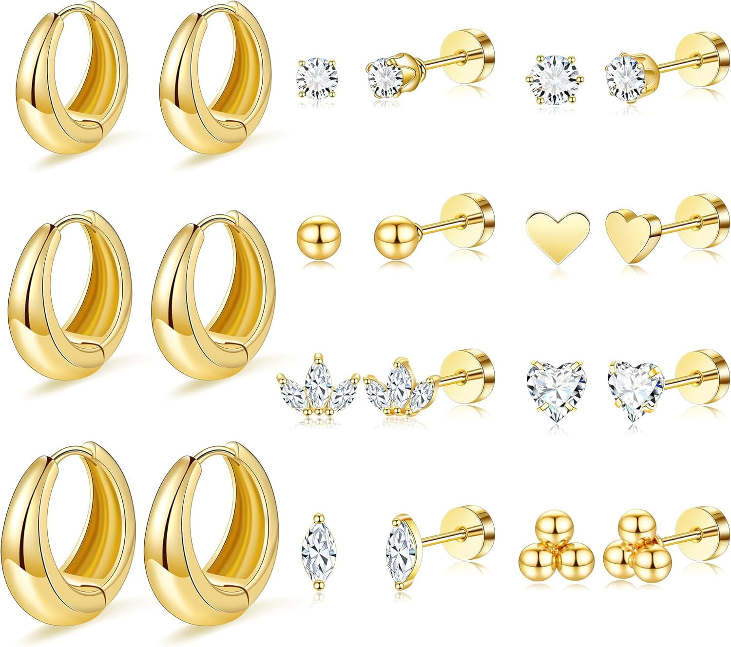 Flat Back Stud Gold Hoop Earrings Set For Women Chunky Gold Earrings ...