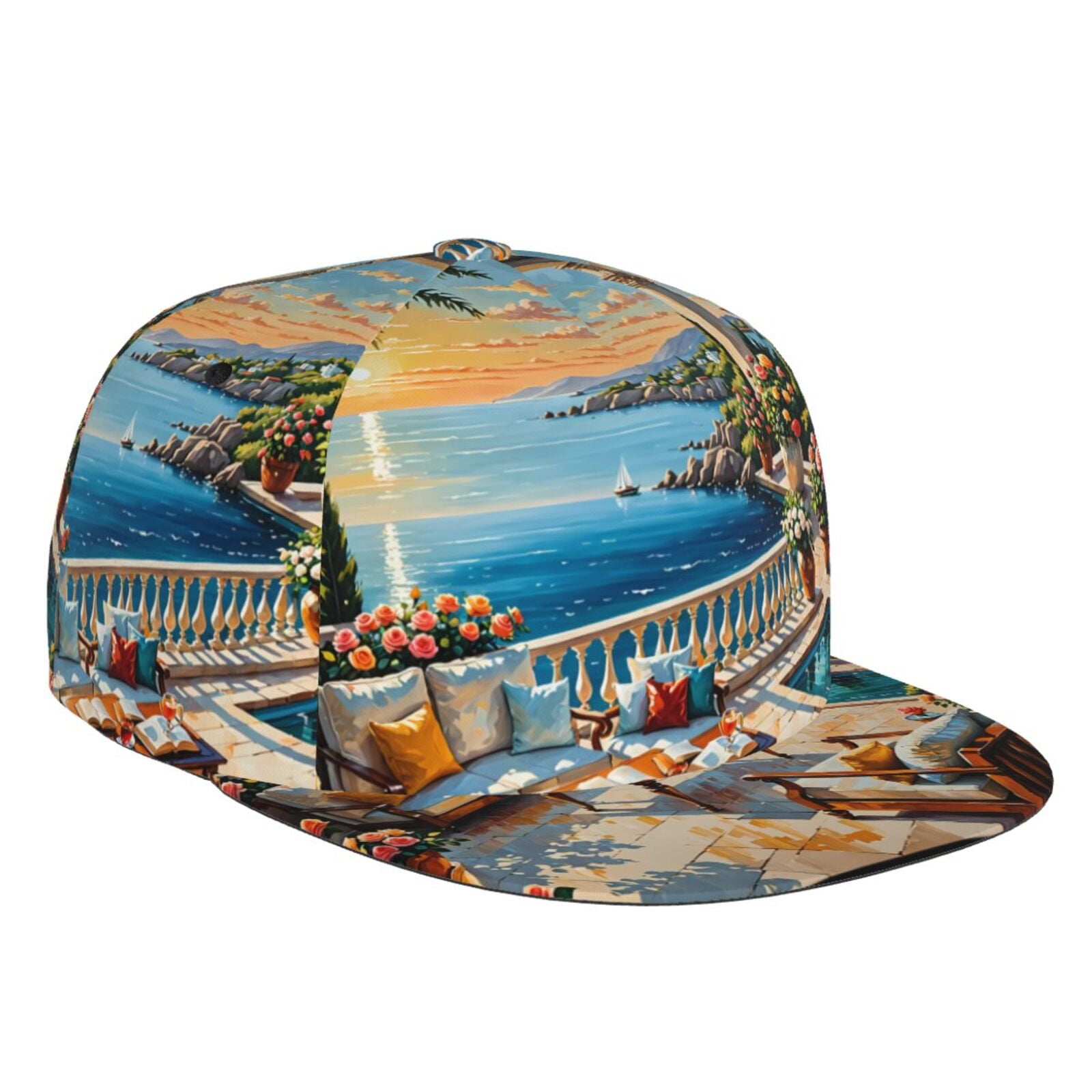 Flat Bill Baseball Cap - Coastal Style Garden Villa Adjustable Snapback ...