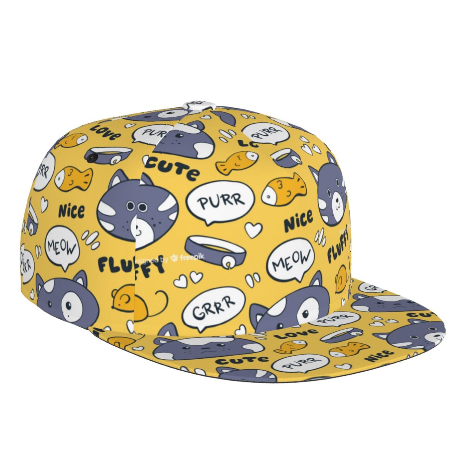 Flat Bill Baseball Cap - Cute Cat Face Collar Fish Adjustable Snapback ...
