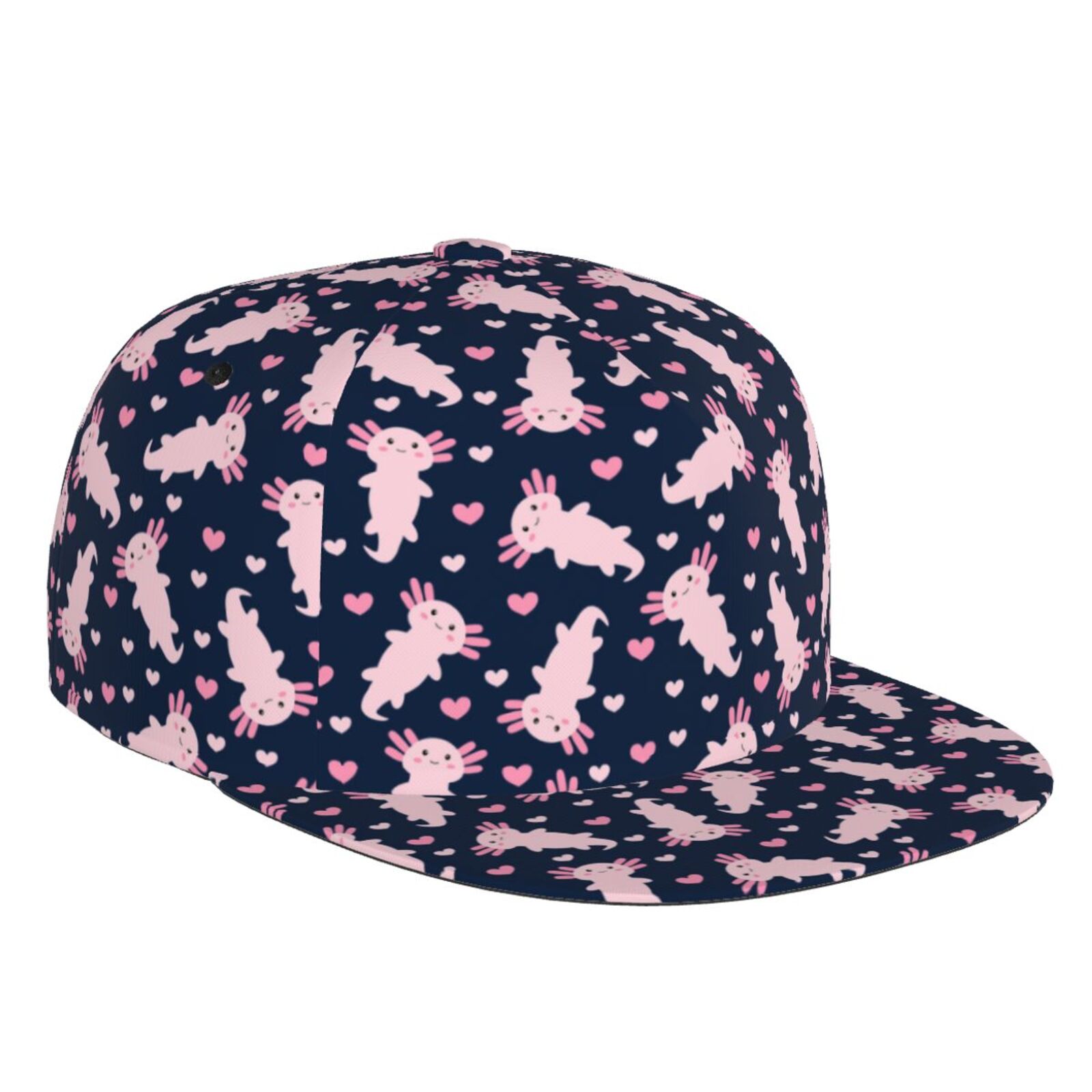 Flat Bill Baseball Cap - Cute cartoon pink axolotl heart Adjustable ...