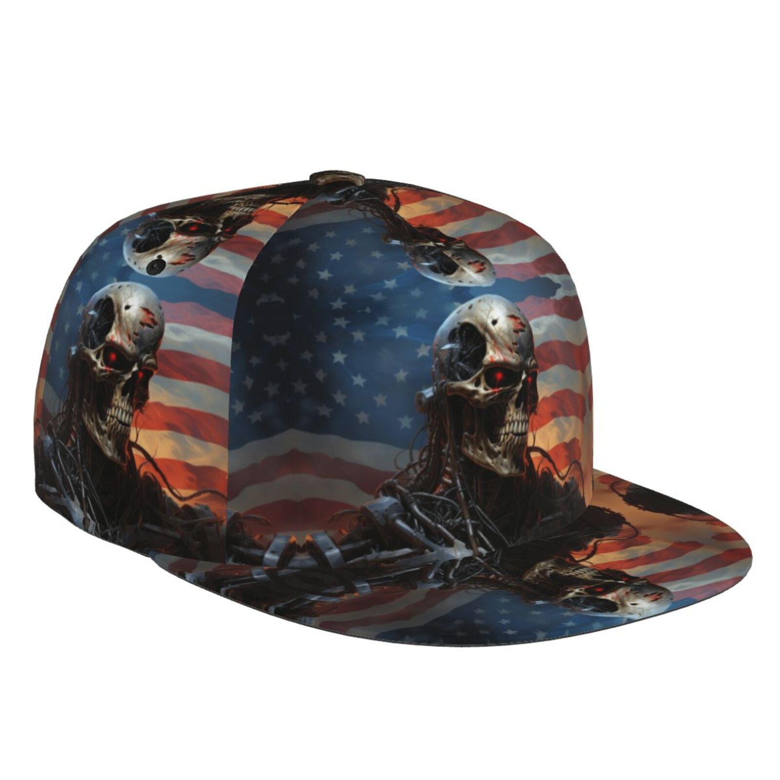 Flat Bill Baseball Cap - Cyberpunk Skull American Flag Adjustable ...