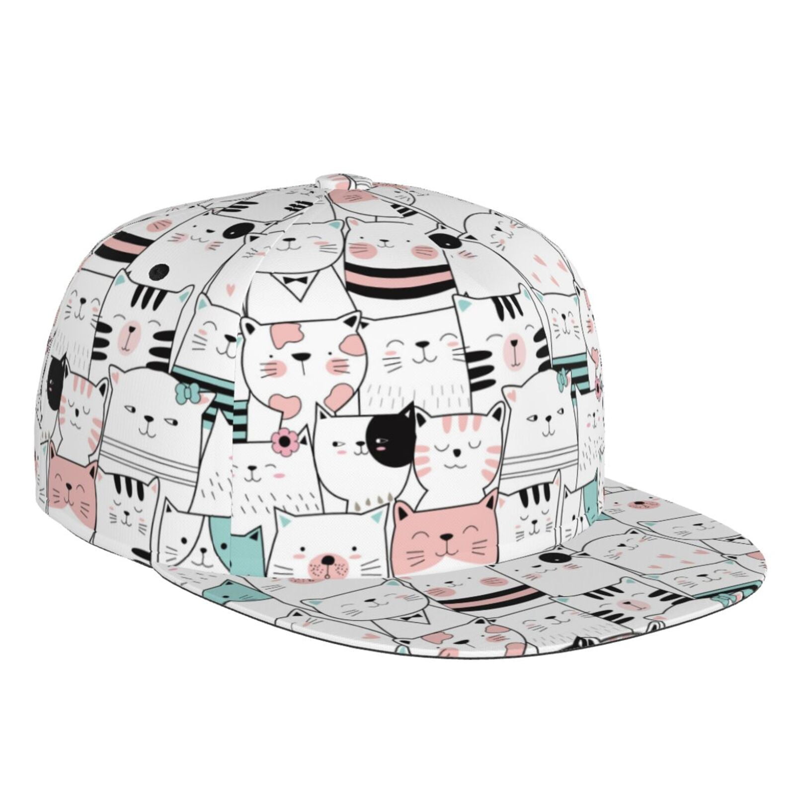 Flat Bill Baseball Cap - Funny Cute Cartoon Cat Adjustable Snapback Hat ...
