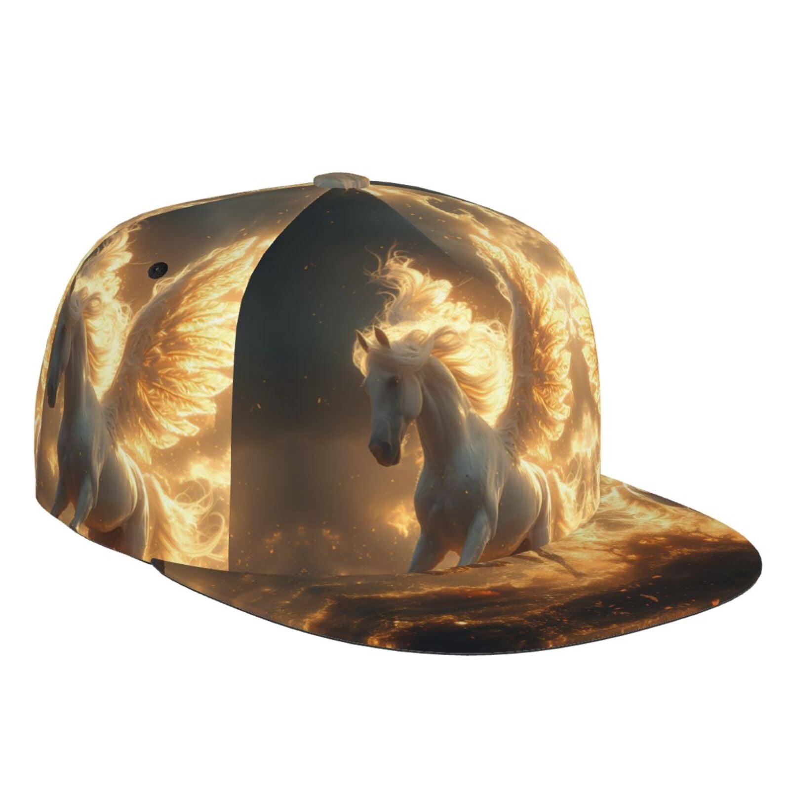 Flat Bill Baseball Cap - Golden Winged White Horse Adjustable Snapback ...