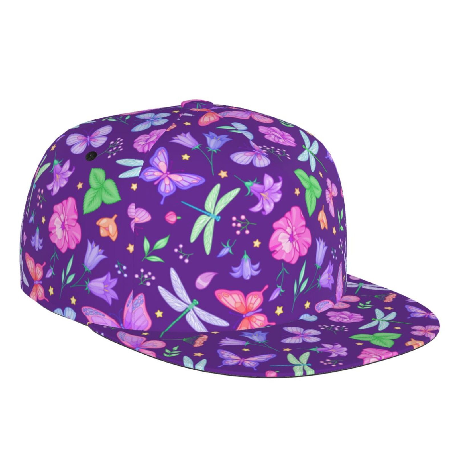Flat Bill Baseball Cap - Pink Purple Butterfly Flower Adjustable ...