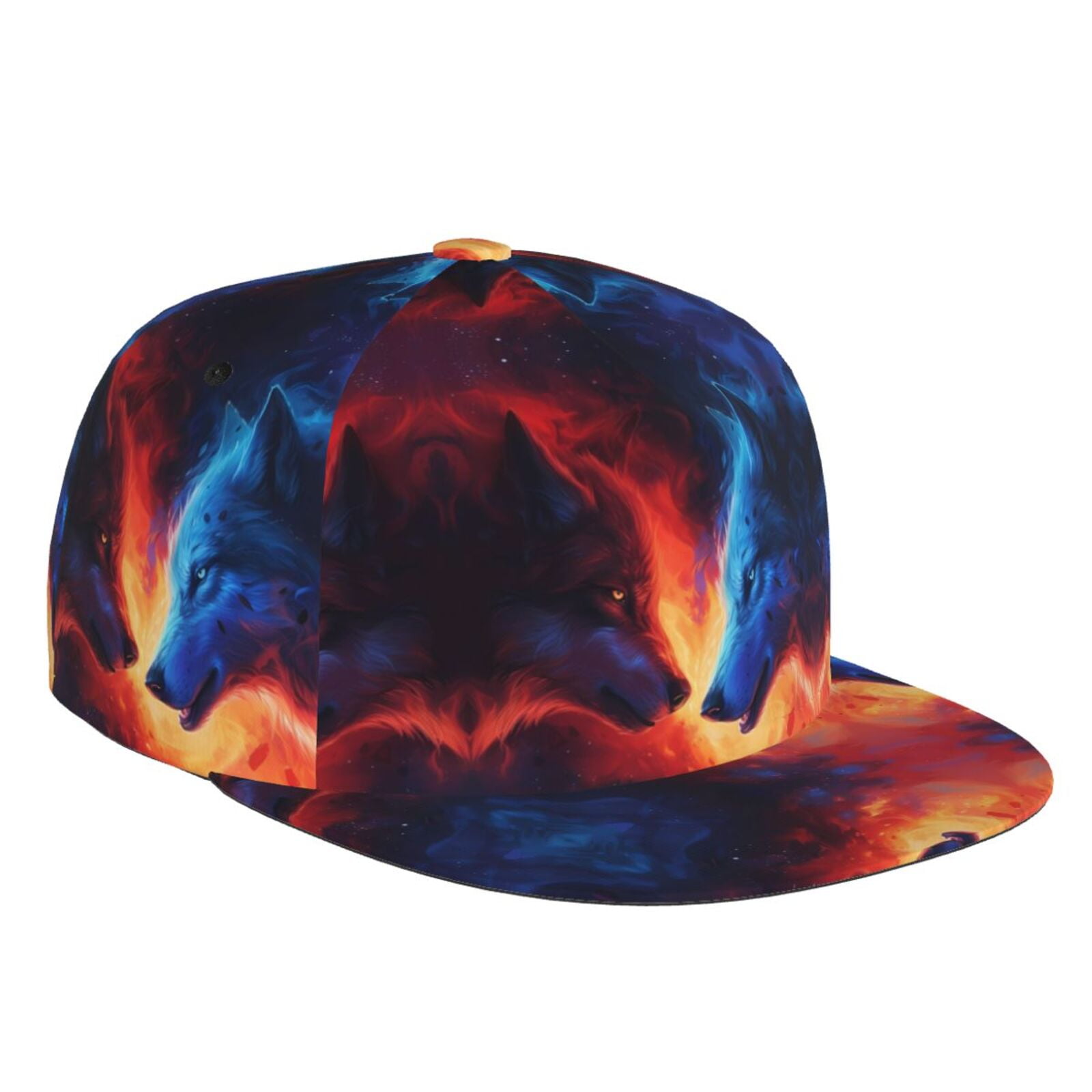 Flat Bill Baseball Cap - Red and Blue Fire Wolf Adjustable Snapback Hat ...