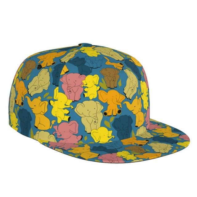 Flat Bill Baseball Cap - Retro Boho Elephants Adjustable Snapback Hat ...