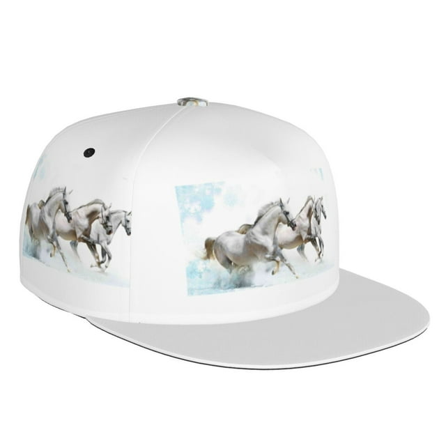 Flat Bill Baseball Cap - Running White Horses Adjustable Snapback Hat ...
