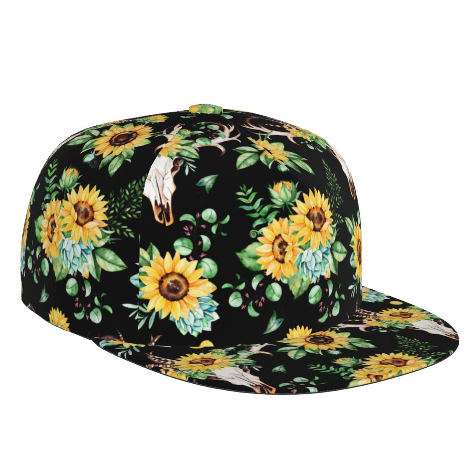 Flat Bill Baseball Cap - Sunflower Skull Boho Adjustable Snapback Hat ...