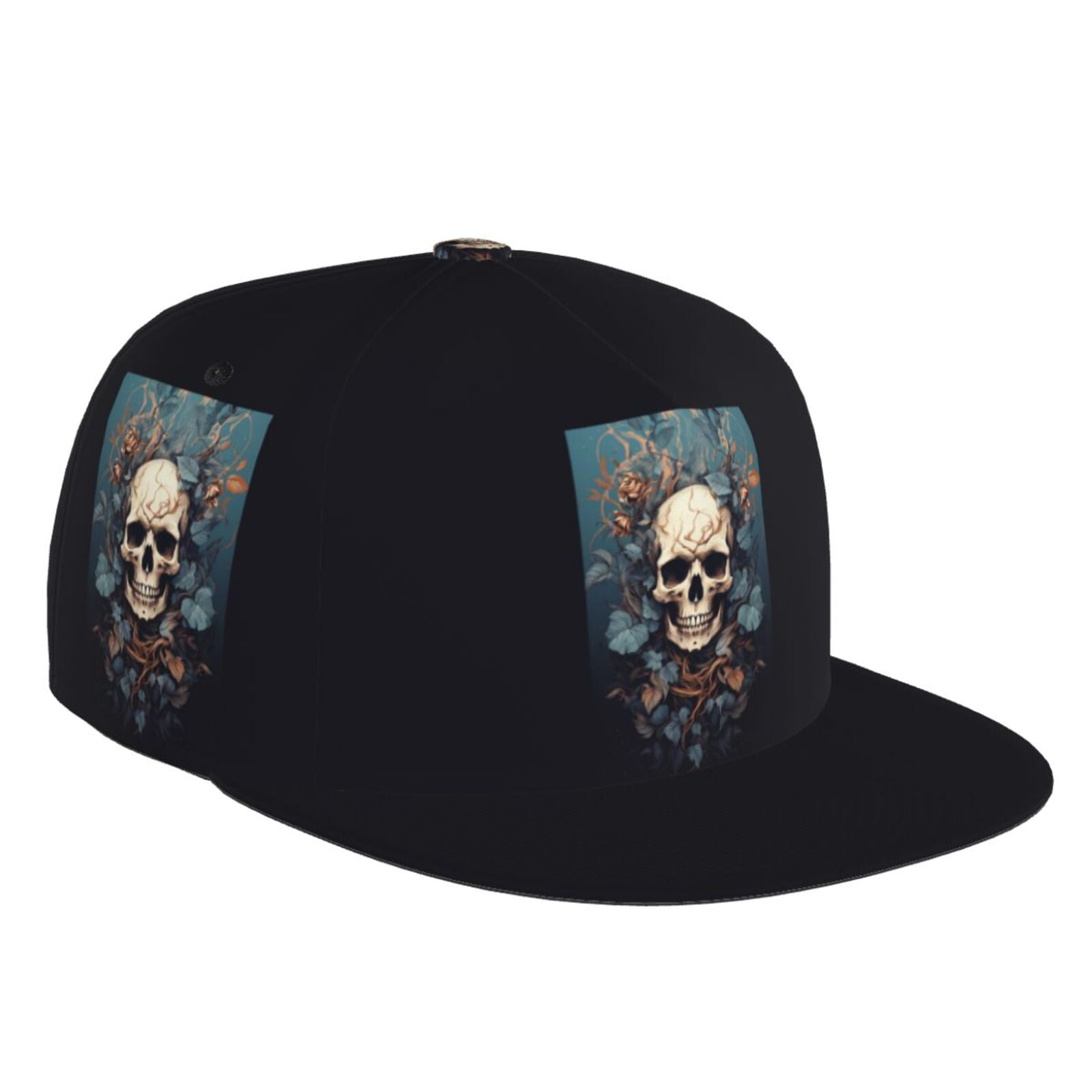 Flat Bill Baseball Cap - Vintage Leaf Flower Skull Adjustable Snapback ...