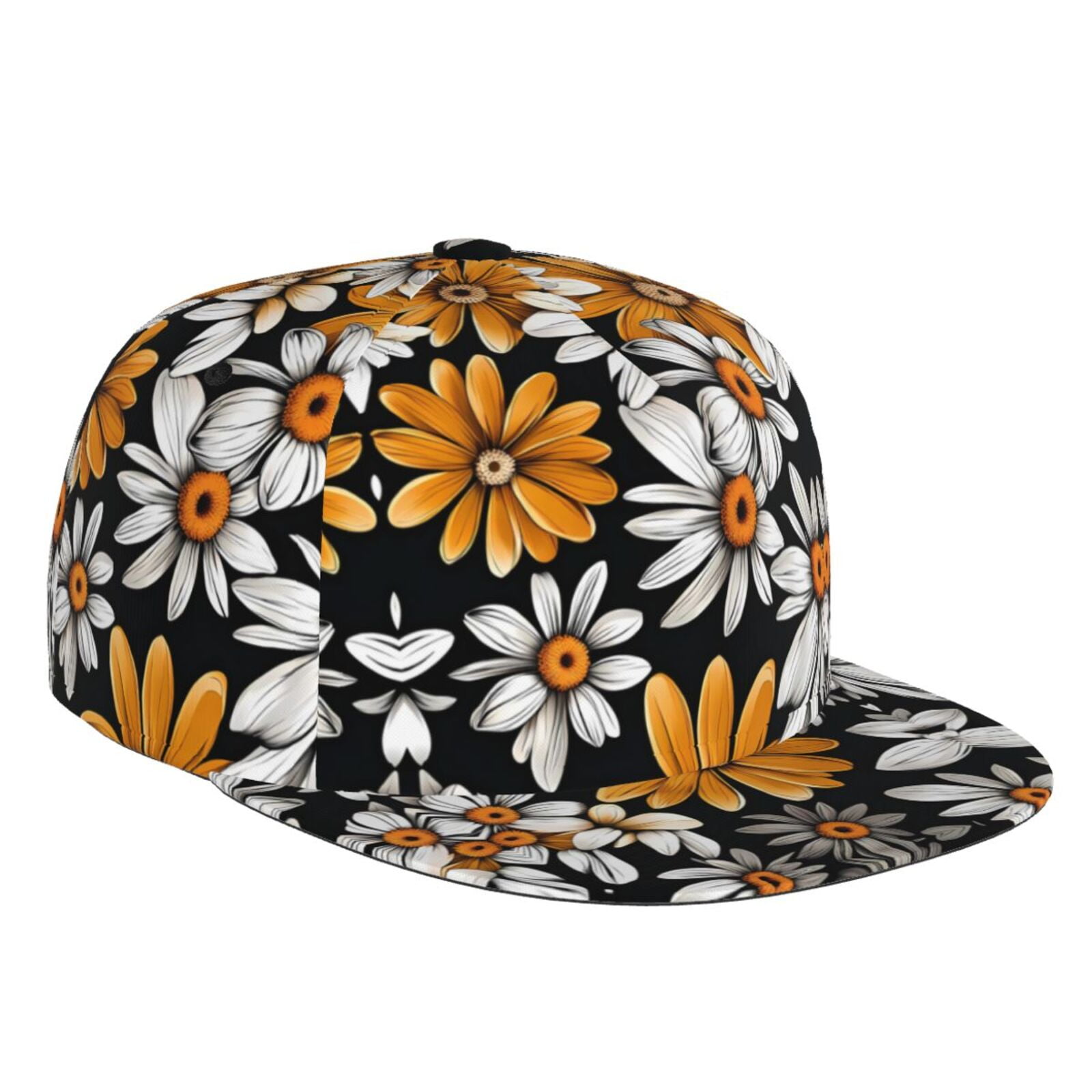 Flat Bill Baseball Cap - Yellow White Daisy Pattern Adjustable Snapback ...