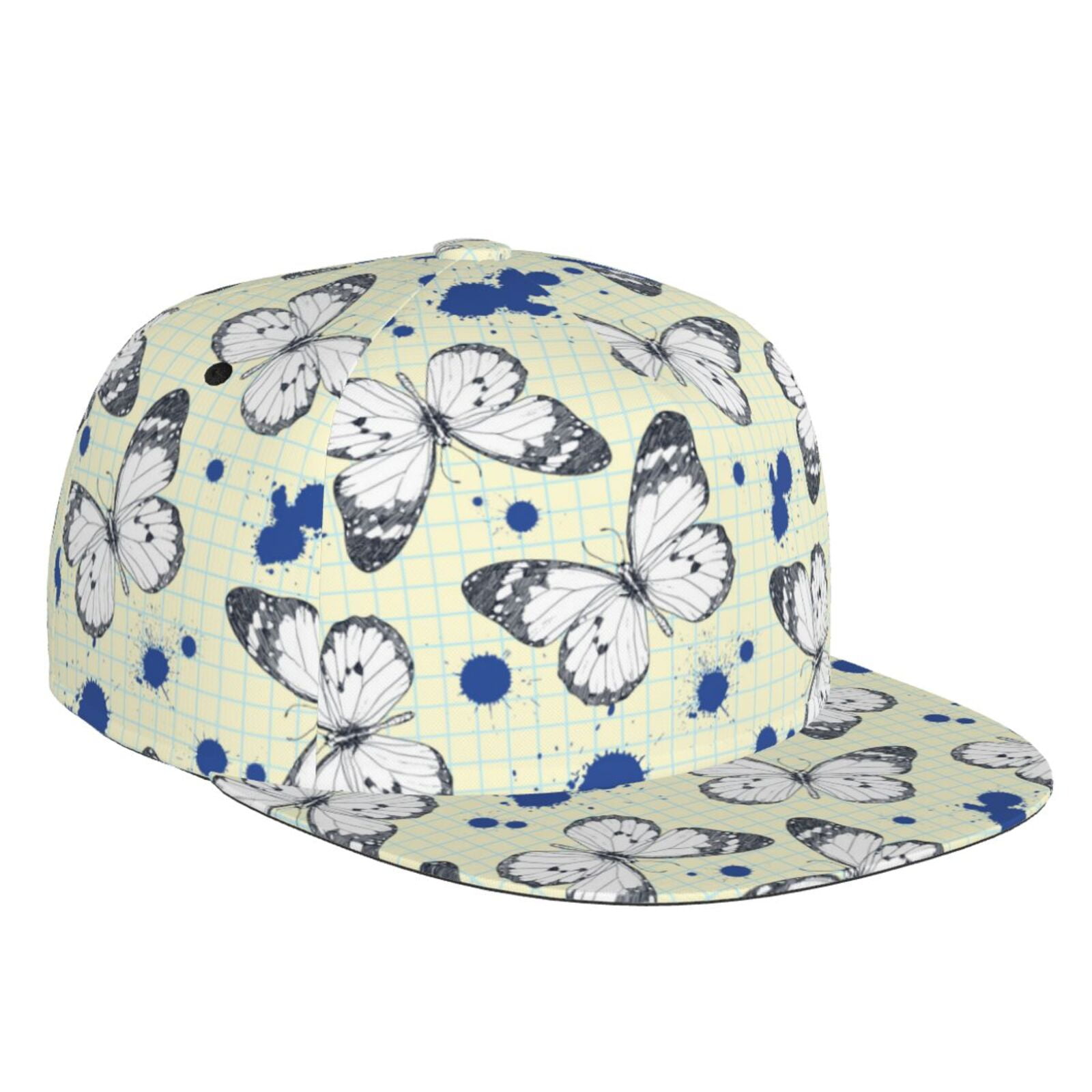 Flat Bill Baseball Cap - hand draw butterfly yellow checkered ...