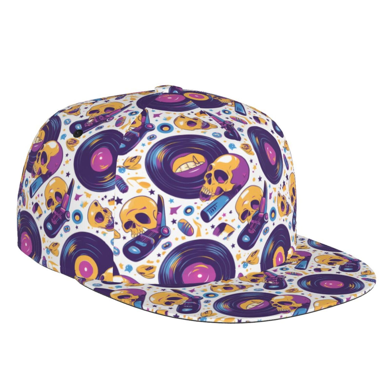 Flat Bill Baseball Cap - record rock Skull star Adjustable Snapback Hat ...