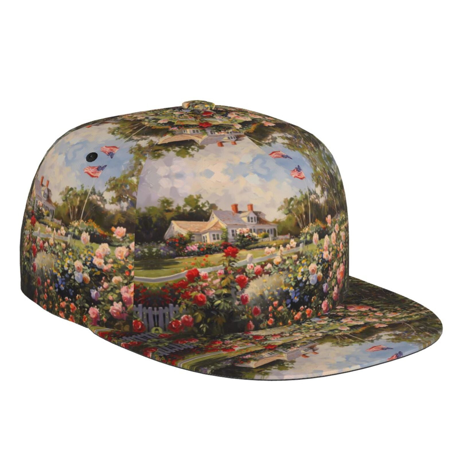 Flat Bill Trucker Hats for Women Men - American Flag Rose Garden Adjustable Flat Baseball Cap ...