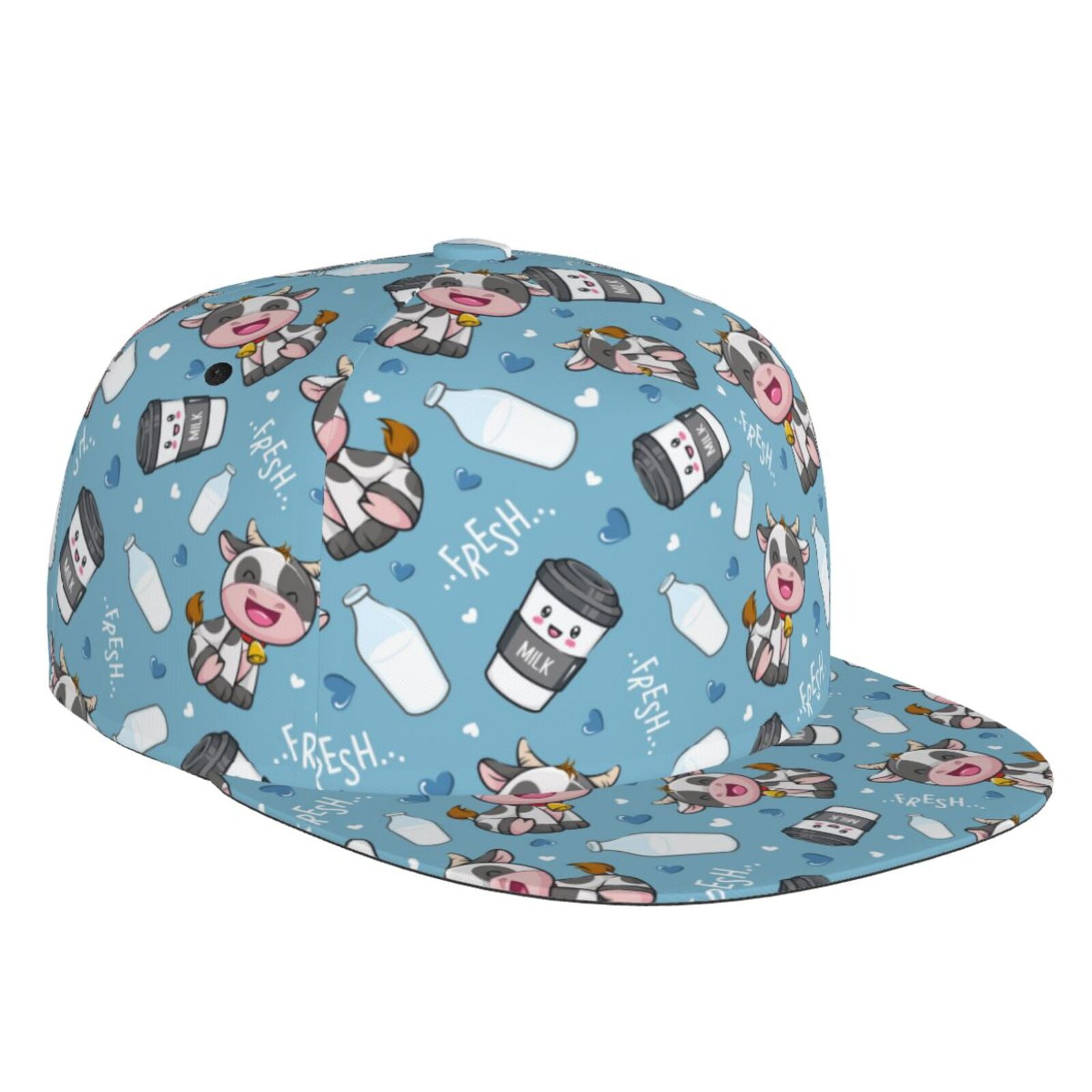 Flat Bill Trucker Hats for Women Men - Cute Cartoon Cow Milk Blue Love ...