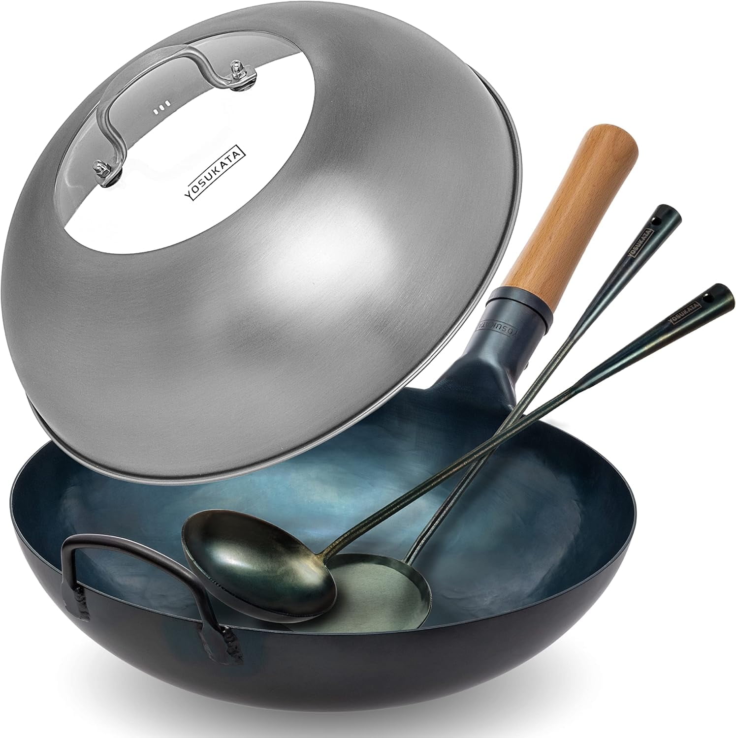Flat Bottom Wok Pan - 13.5" Blue Carbon Steel Wok + Wok Lid 12.8 Inch ...