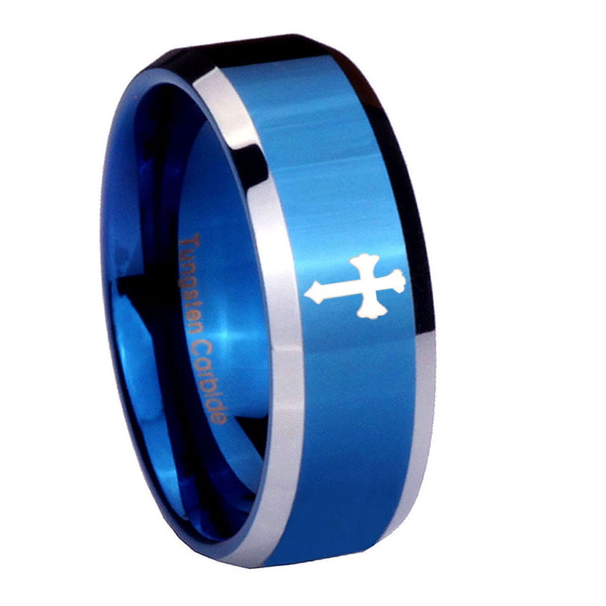 Flat Christian Cross 8MM Beveled Edge Blue Tungsten Men Ring - Walmart.com
