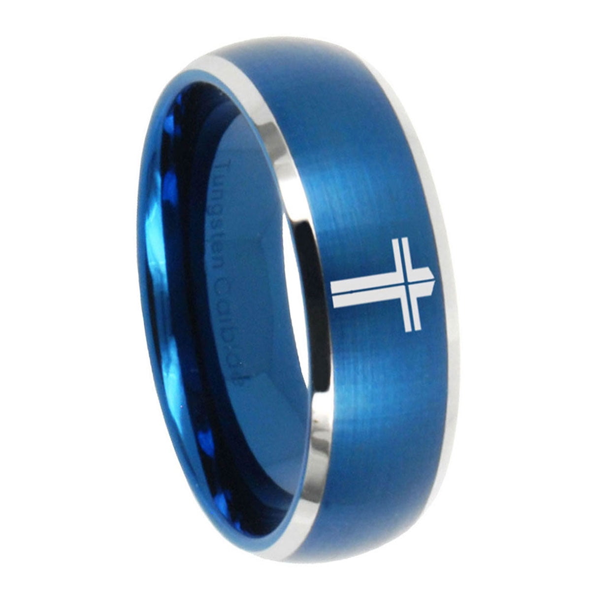 Flat Christian Cross 8MM Dome Brushed Finish Blue Tungsten Men Ring ...