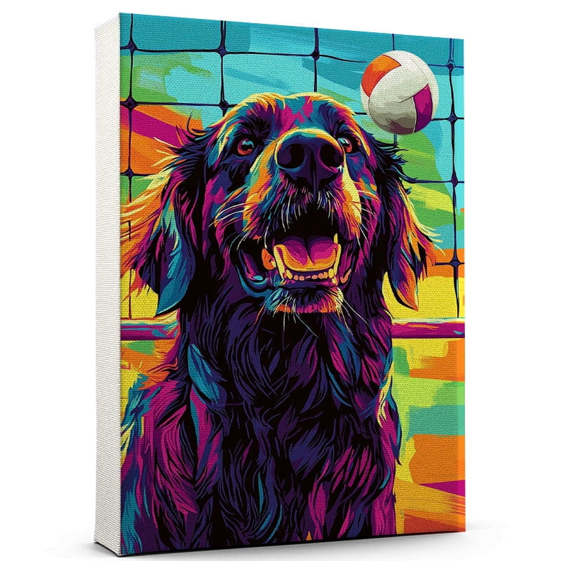 Flat Coated Retriever Dog Playing Volleyball Stretched Canvas Size 8x12 ...