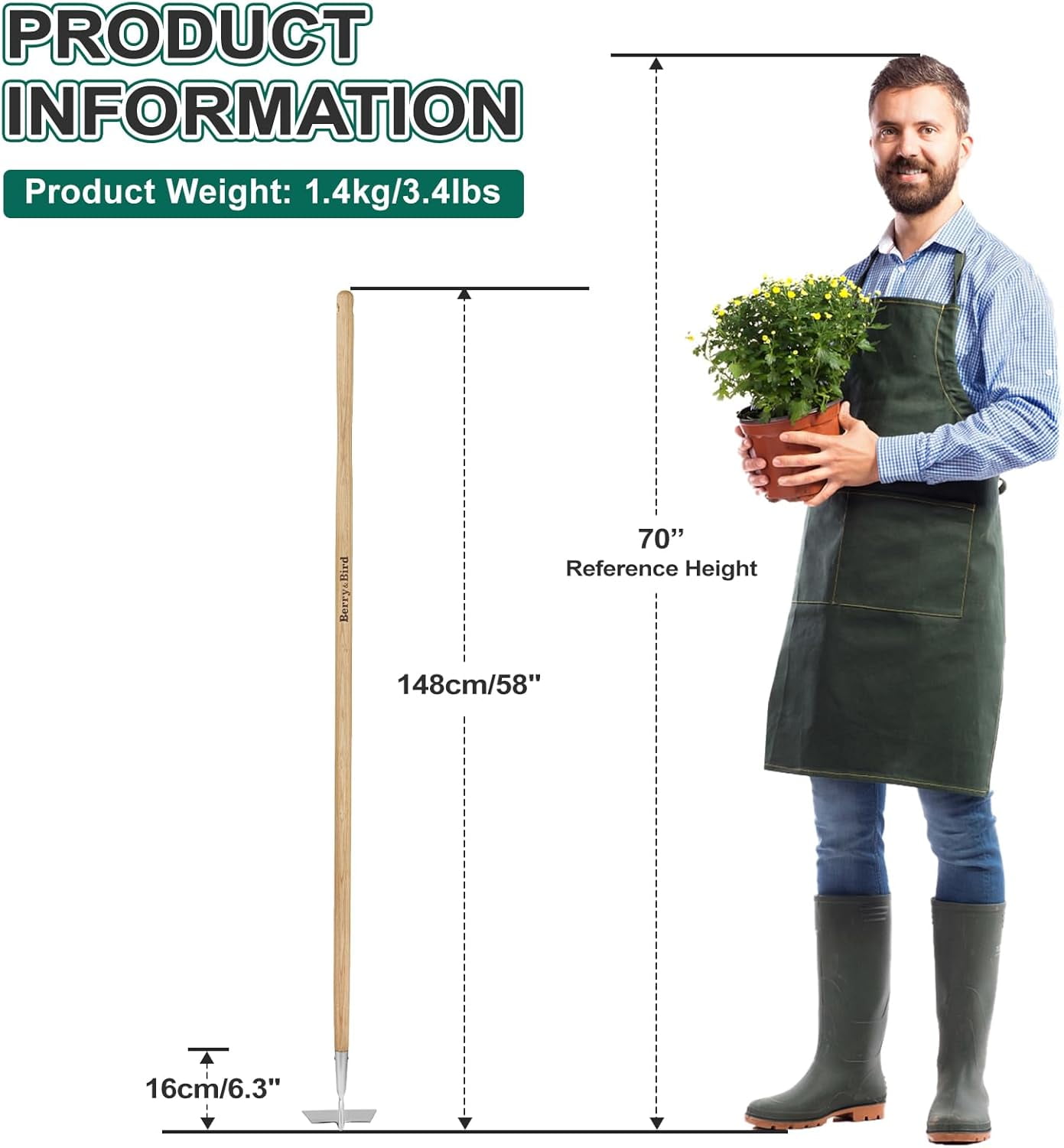 Flat Edge Garden Hoe, 58'' Hoes Garden Tool with Long Wood Handle ...