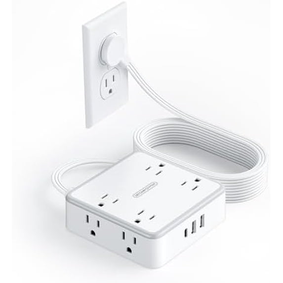 Flat Extension Cord 10 FT, 3 Prong Surge Protector Power Strip with 8 ...