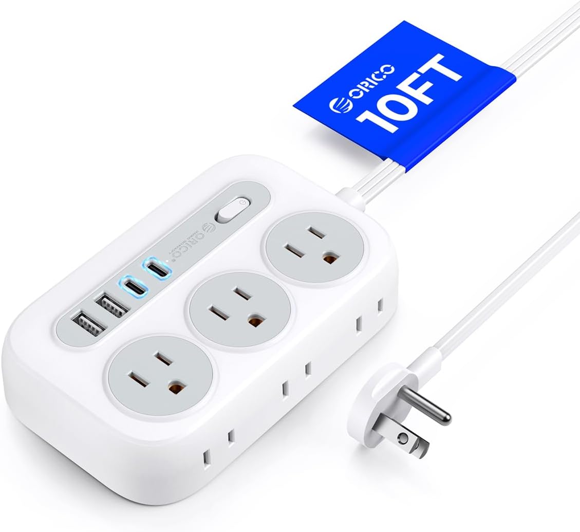 Flat Extension Cord 10 ft, Power Strip Long Cord with 4 USB Ports (2 ...