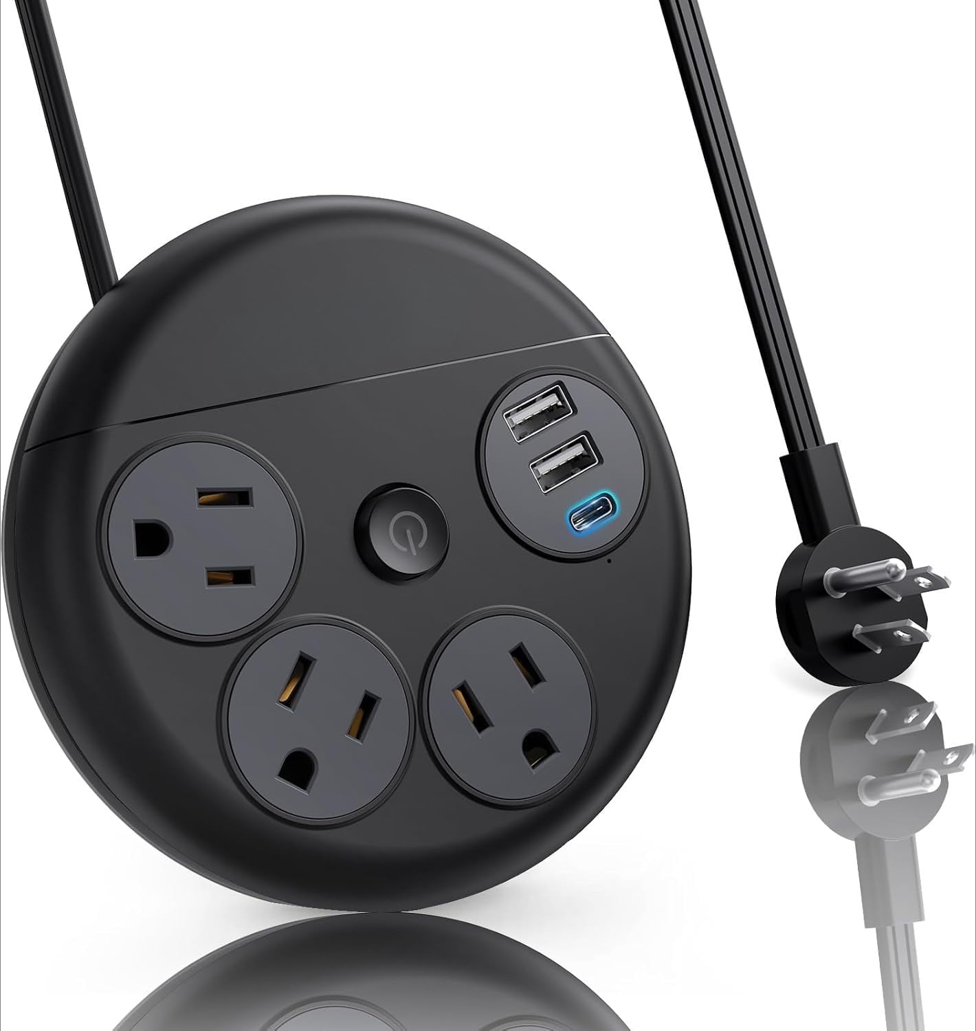 Round Power Strip, 3 USB Ports (1 USB C) and 3 Outlets, Flat Extension ...