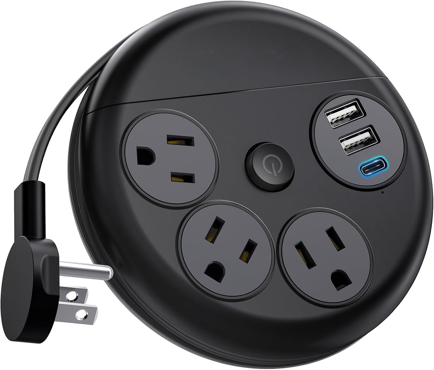 Flat Extension Cord Round Power Strip with 3 USB Ports (1 USB C) and 3 ...