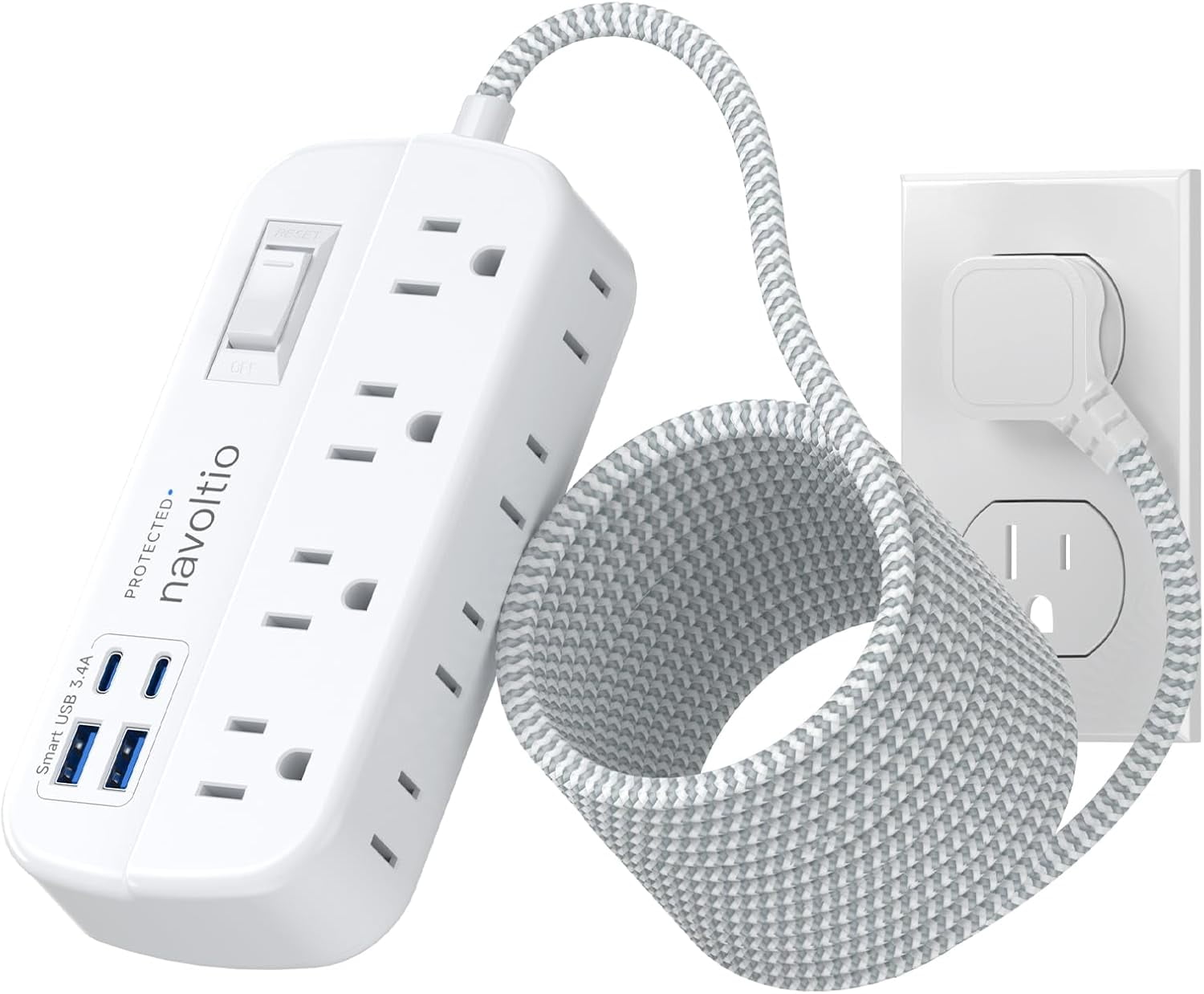 Flat Extension Cord 15 FT Multiple Outlets- Surge Protector Power Strip ...