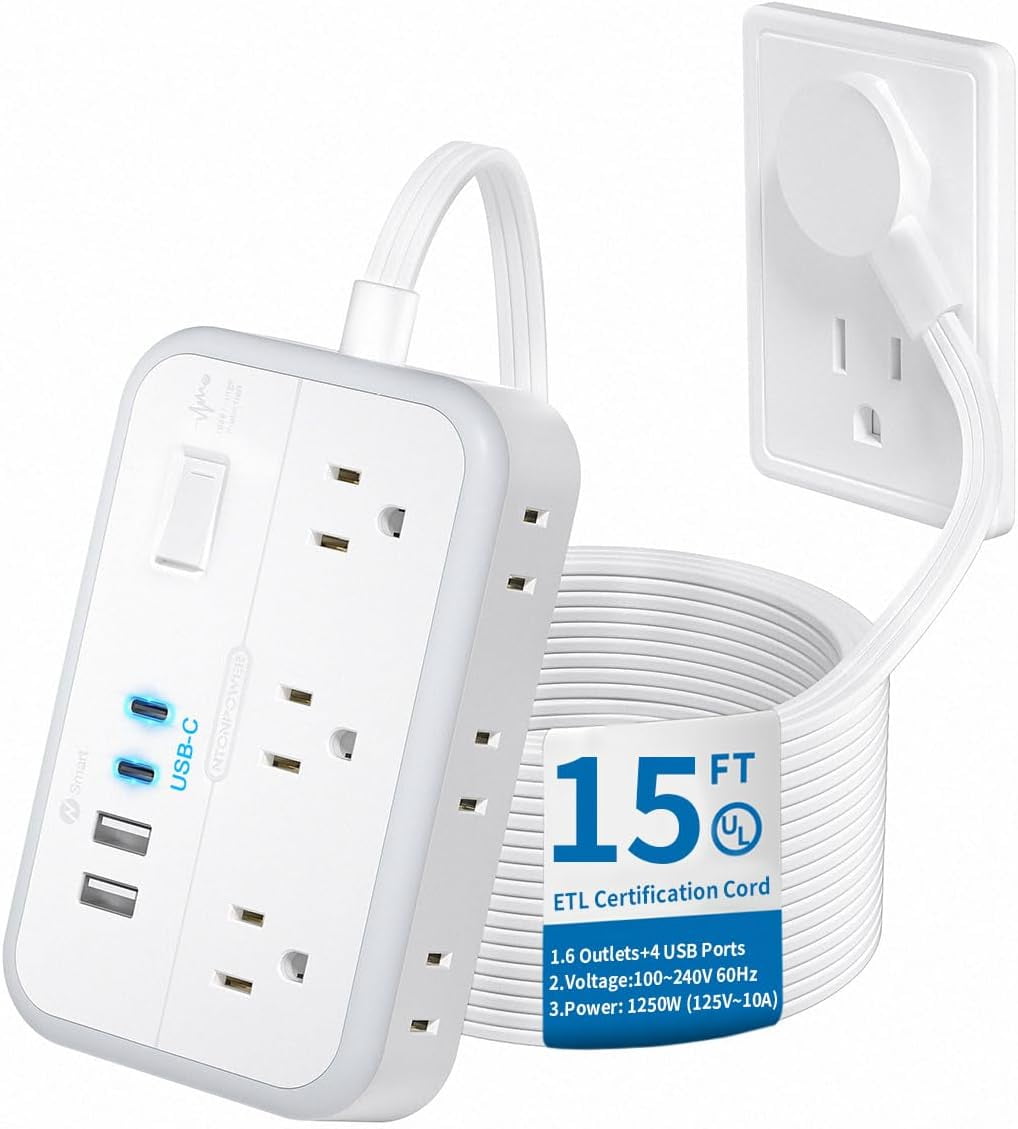 Flat Extension Cord 15 ft, Surge Protector Power Strip with 6 Widely ...