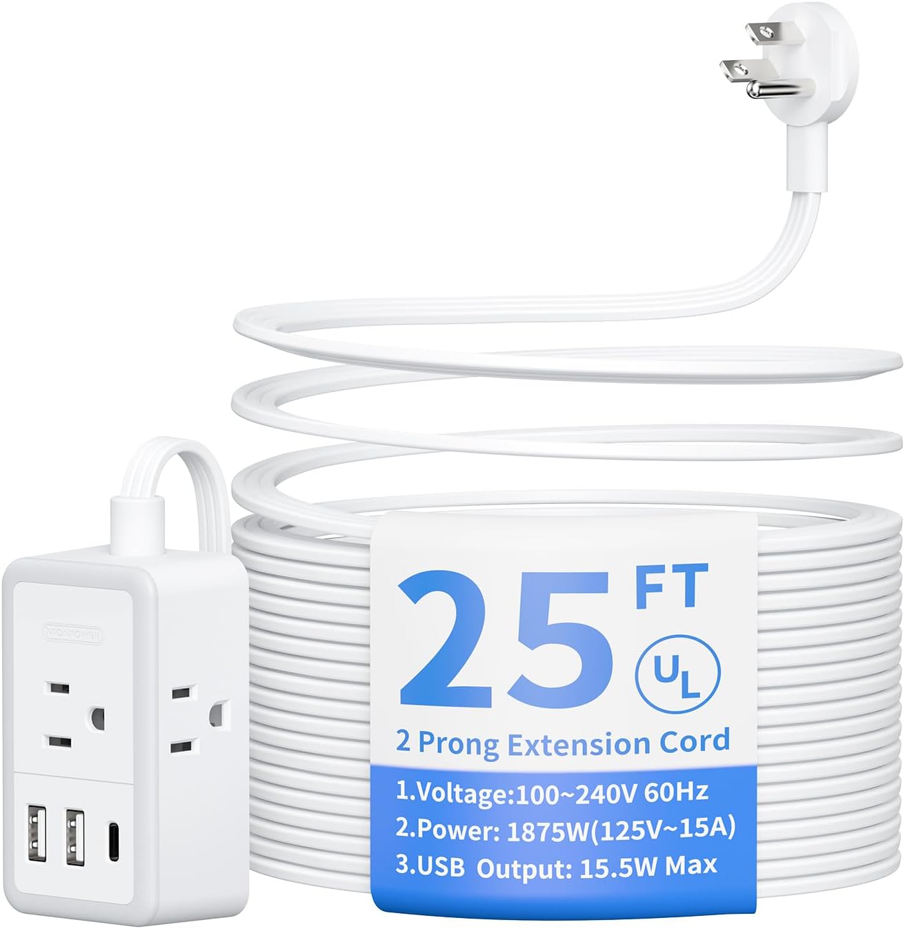 Flat Extension Cord 25 Feet, Small Flat Plug Power Strip with 3 USB(1 ...