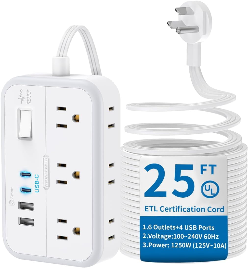 Flat Extension Cord 25 ft, Surge Protector Power Strip with 6 Outlets 4 ...