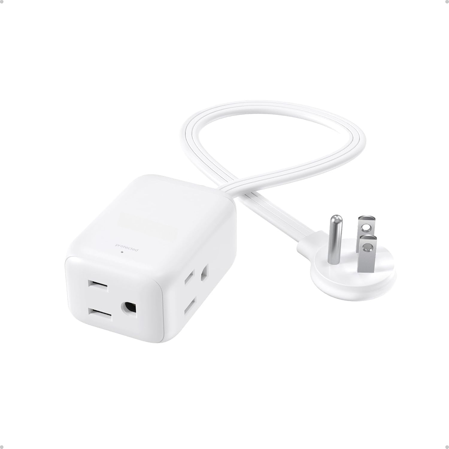 Flat Extension Cord with 3 Outlets, 3ft Short Extension Cord, 900J ...