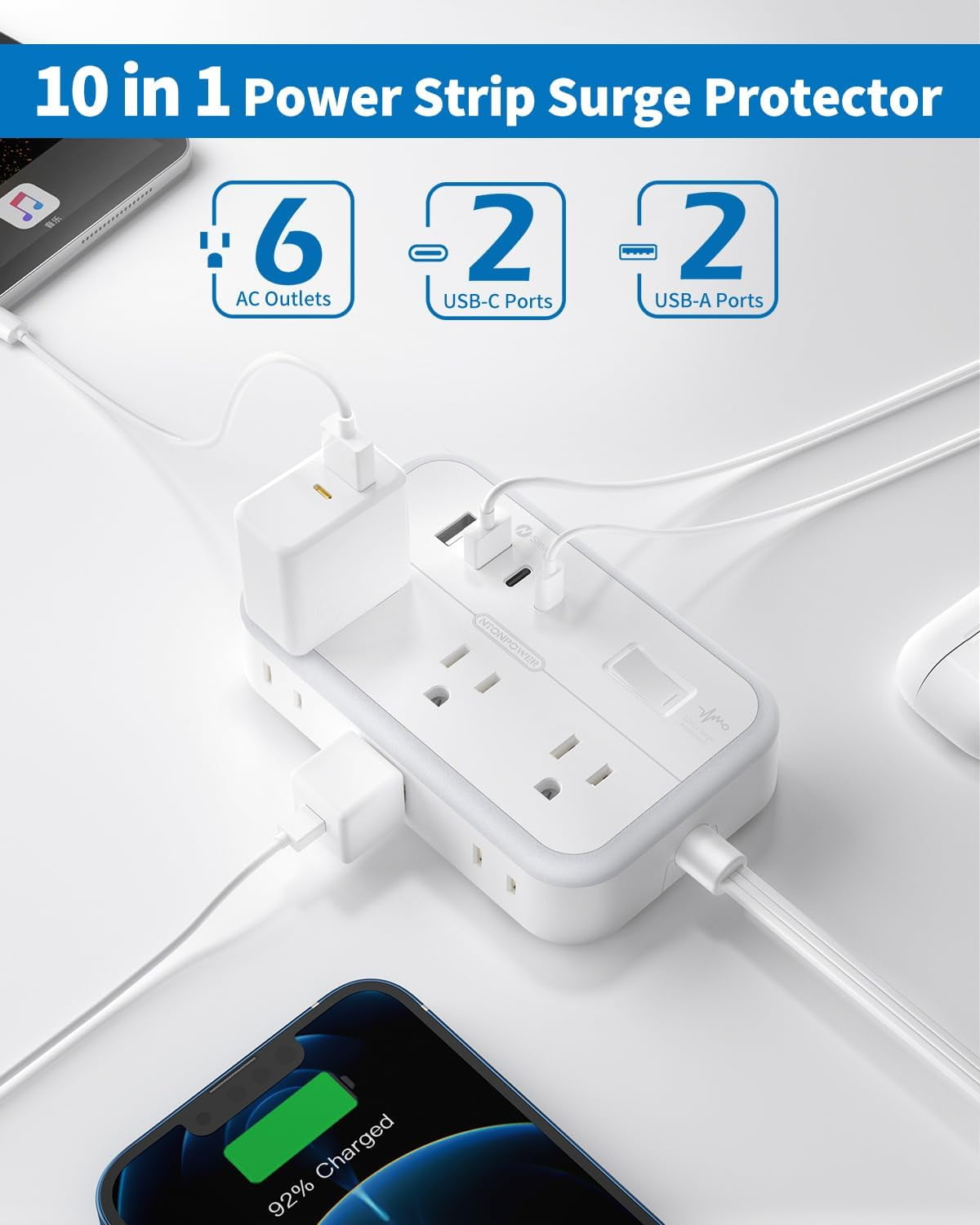 Flat Extension Cord 5 ft and 15 ft, Surge Protector Power Strip with 6 ...