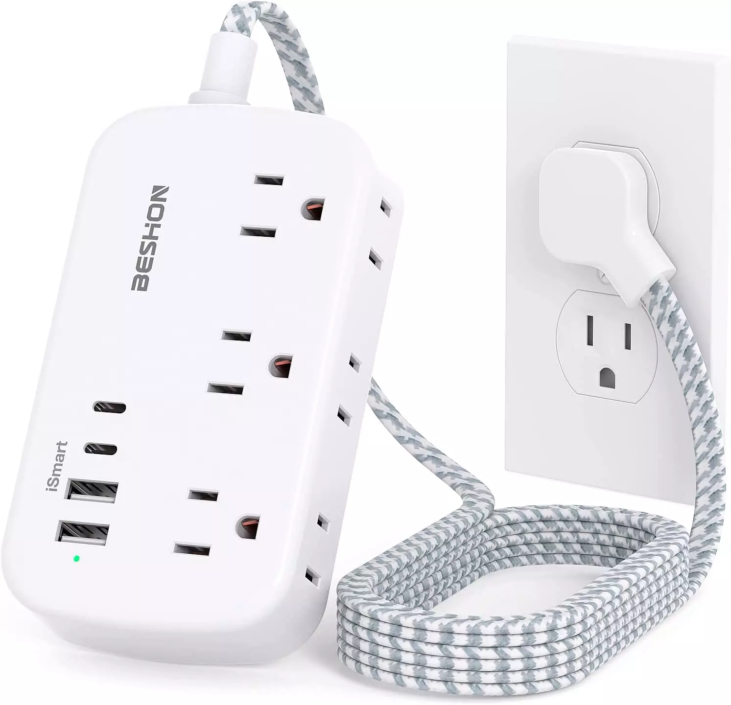 Flat Extension Cord, 5FT Flat Plug Power Strip with USB C, 6 Outlets 4 ...
