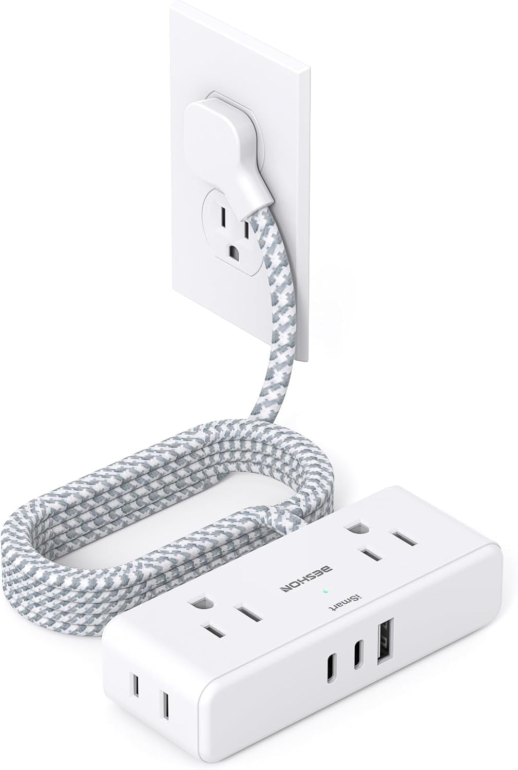 Flat Extension Cord 6 feet, Plug Power Strip, 4 Widely Outlets with 3 ...