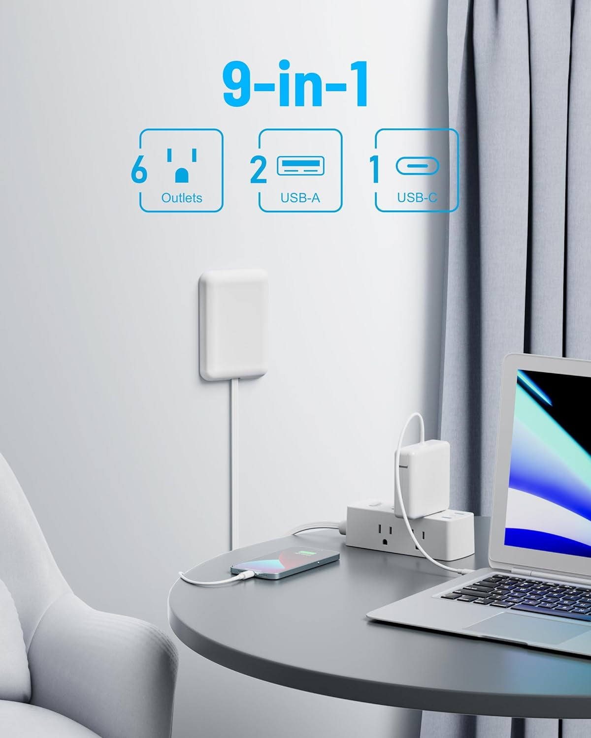 Flat Extension Cord with Outlet Cover, Plug Power Strip 6 Outlets and 3 ...