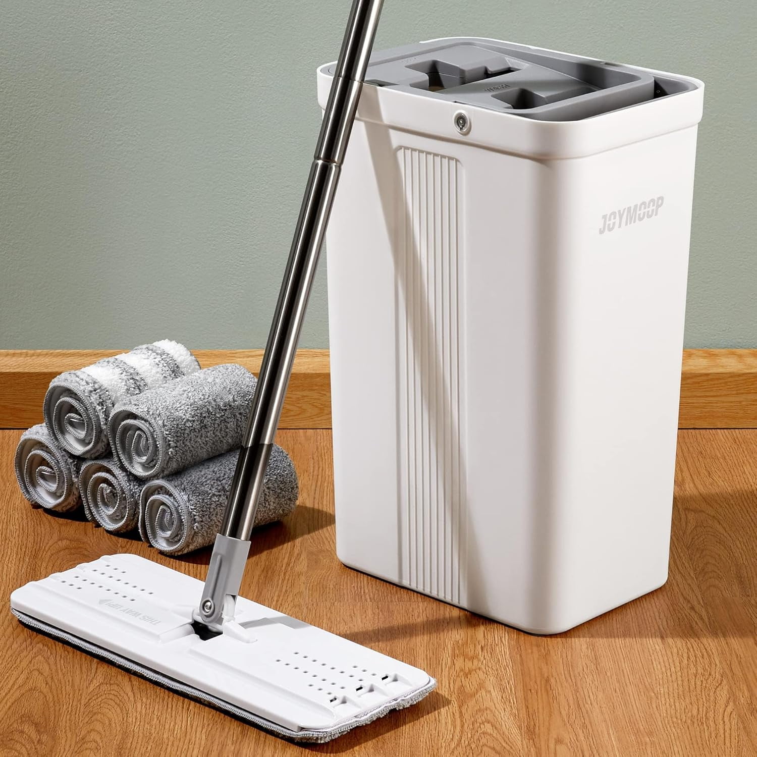 Flat Floor Mop and Bucket with Wringer Set, Includes 5 Microfiber Pads ...