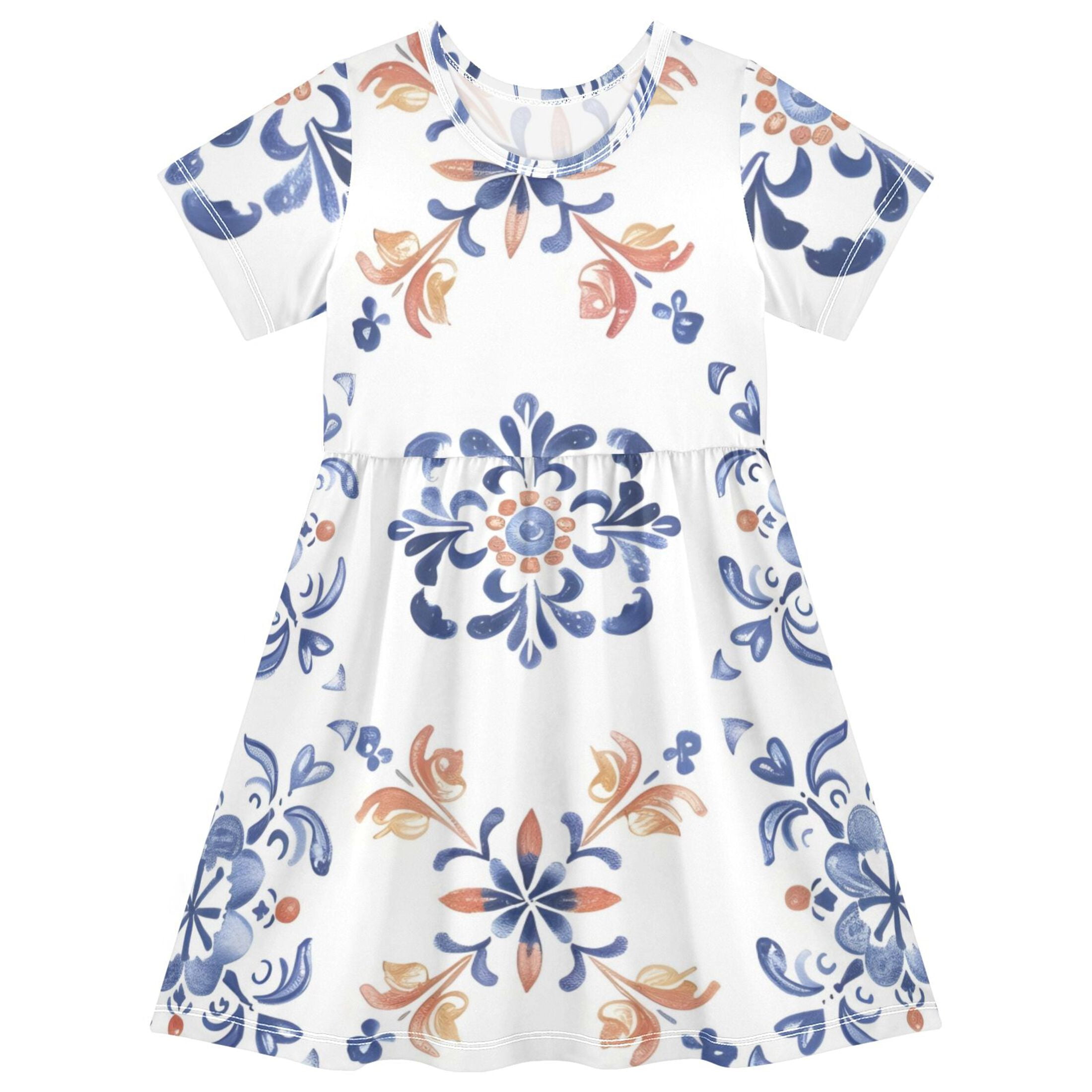 Flat Florals Pattern Girls' Short Sleeve Dress A-Line One-Piece Dress ...