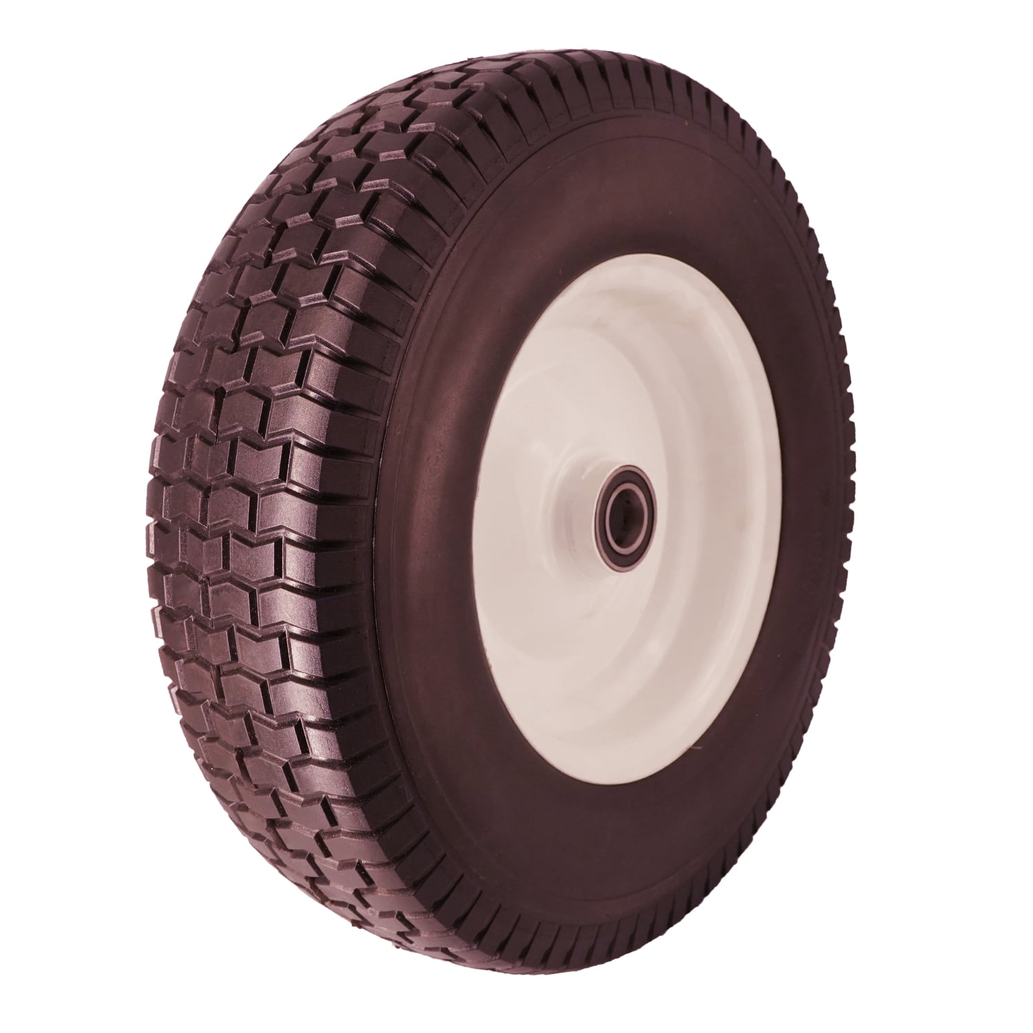 Flat Free 16x5.00-8 Tire with 1 inch Bearings, 3” Center Hub Turf Tread ...