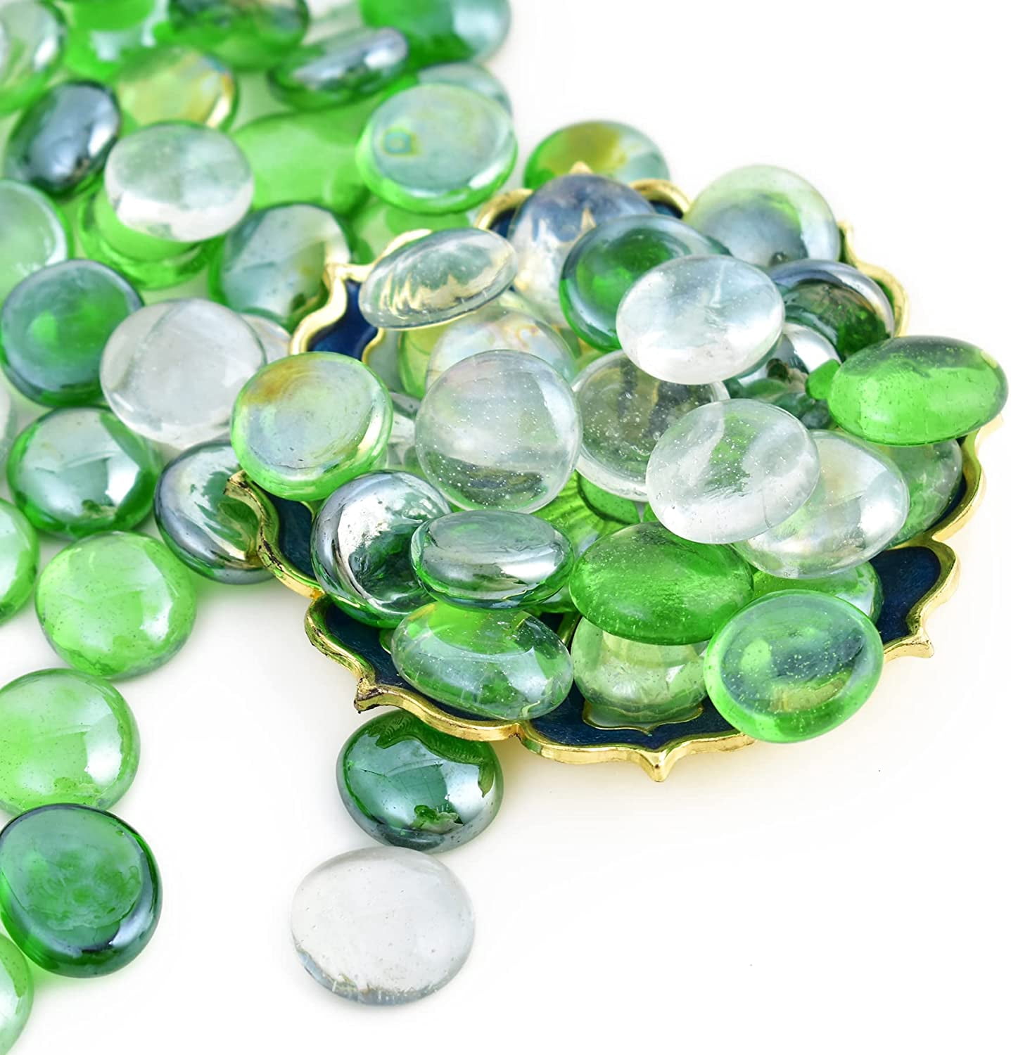 Flat Glass Marble Vase Fillers, 1LB Green Mixed Color Gems Pebbles ...