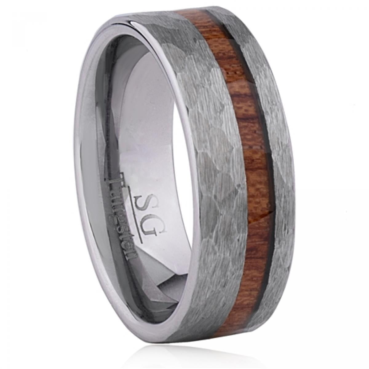 Flat Hammered Silver With Padauk Wood Inlay Tungsten Ring - Walmart.com