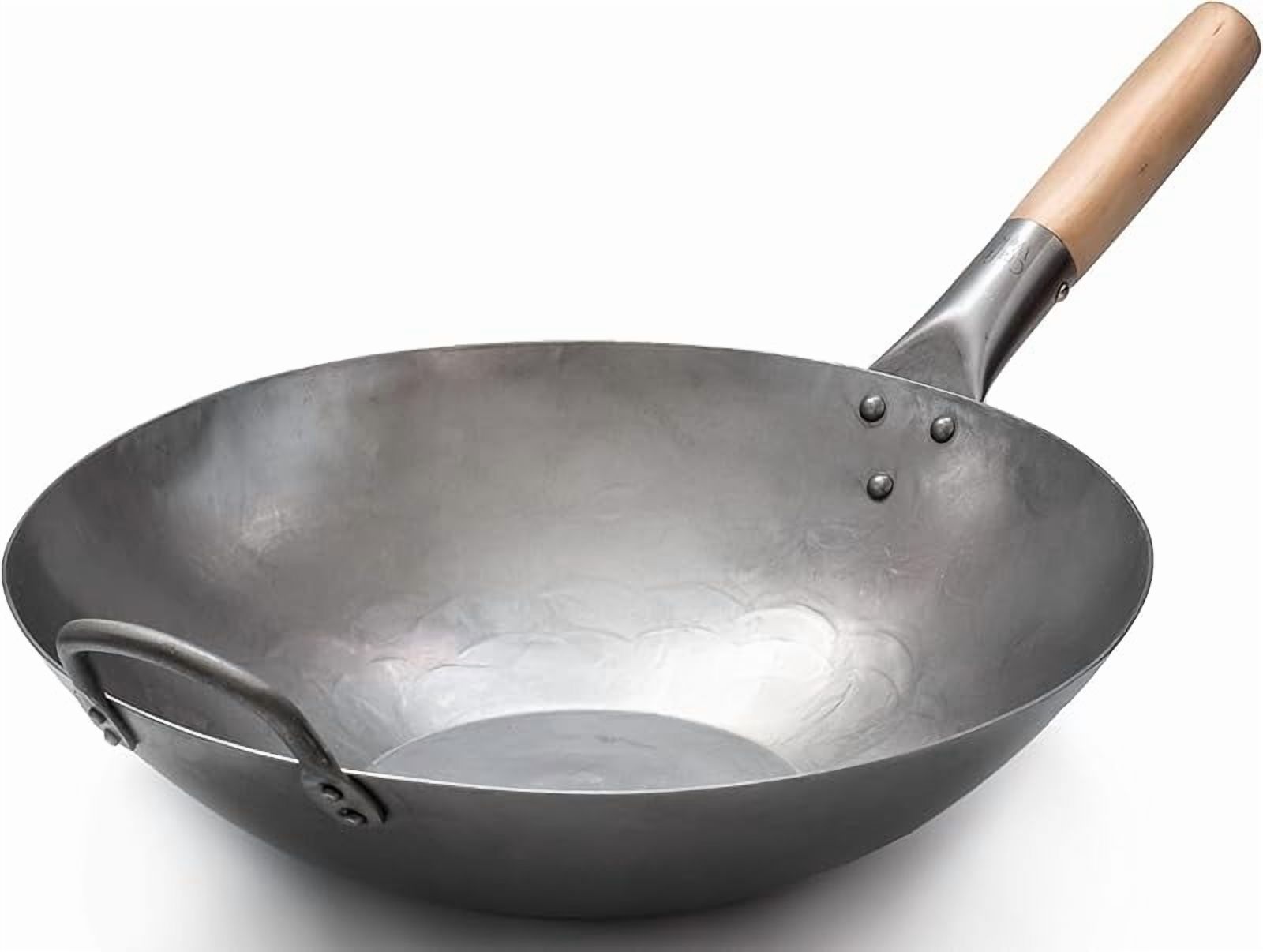 Flat Hand Hammered Carbon Steel Pow Wok with Wooden and Steel Helper ...